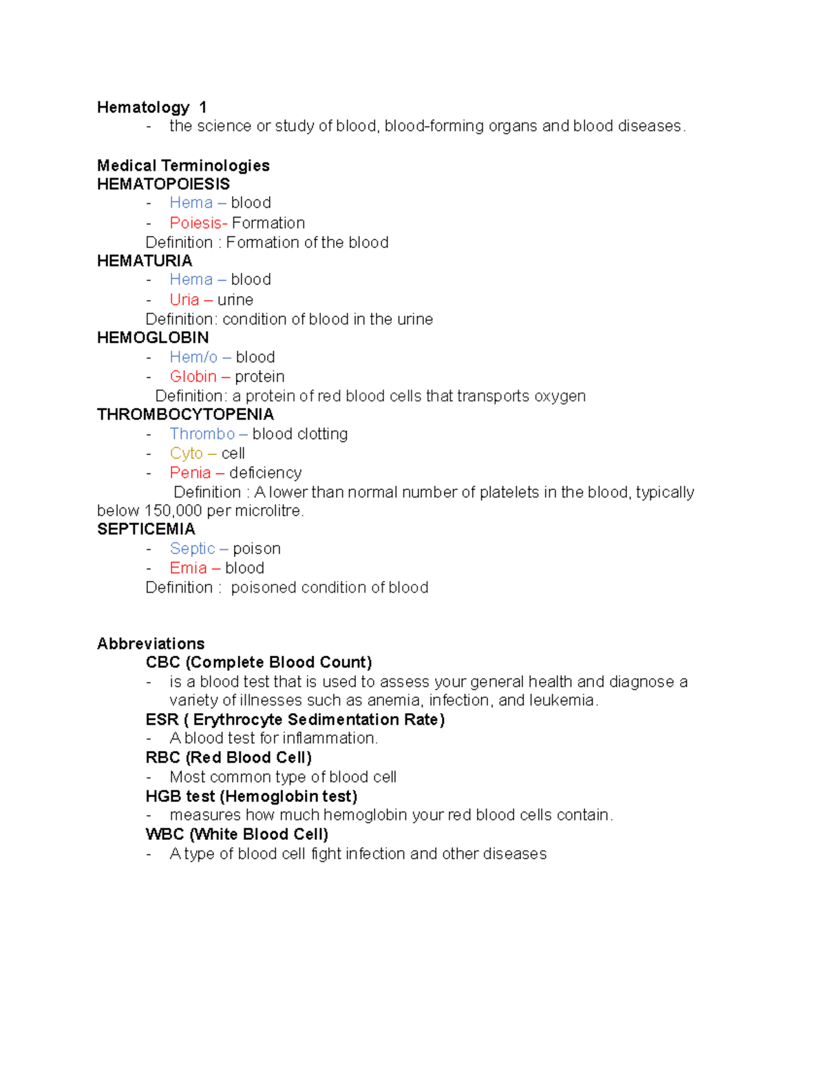 Hema terminologies and abbreviation - Hematology 1 - the science or ...