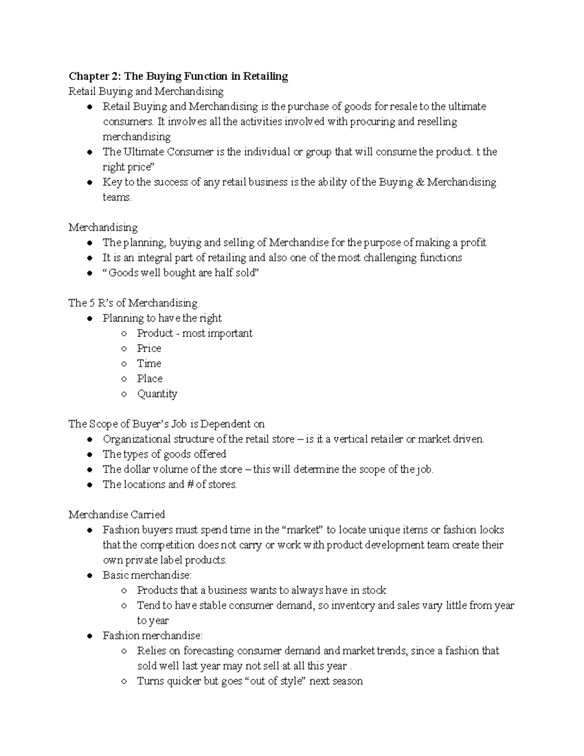 2020-FM225-Notes Chap2 - Chapter 2: The Buying Function in Retailing ...