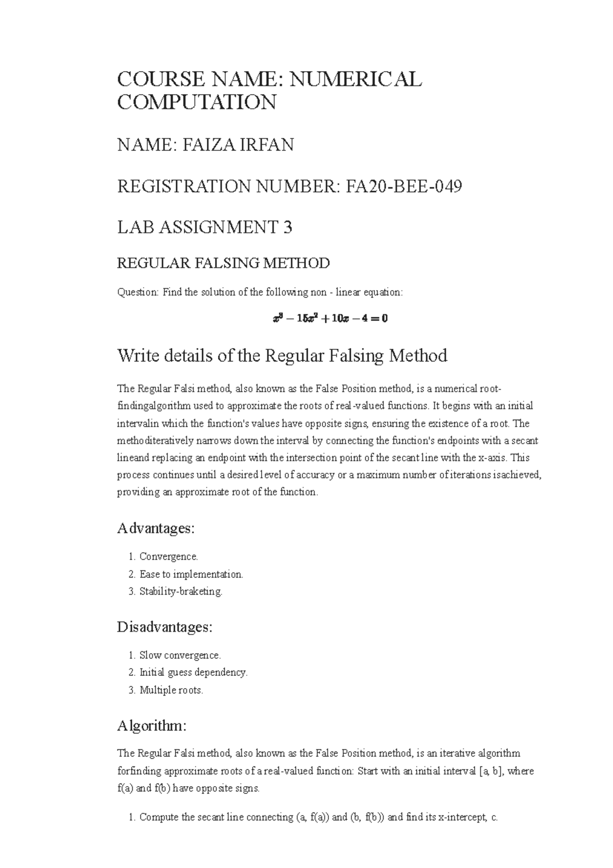 Lab Assignment 3 049 Lab Report 3 Of Regular Falsi Method Course Name Numerical
