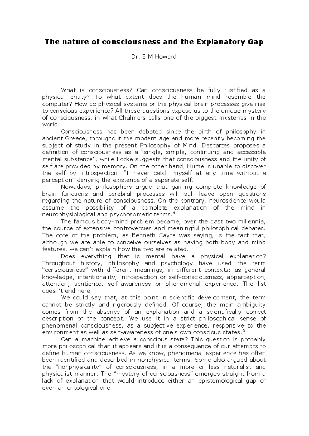 Howtno-4 - Summary Philosophy Honours - The nature of consciousness and ...