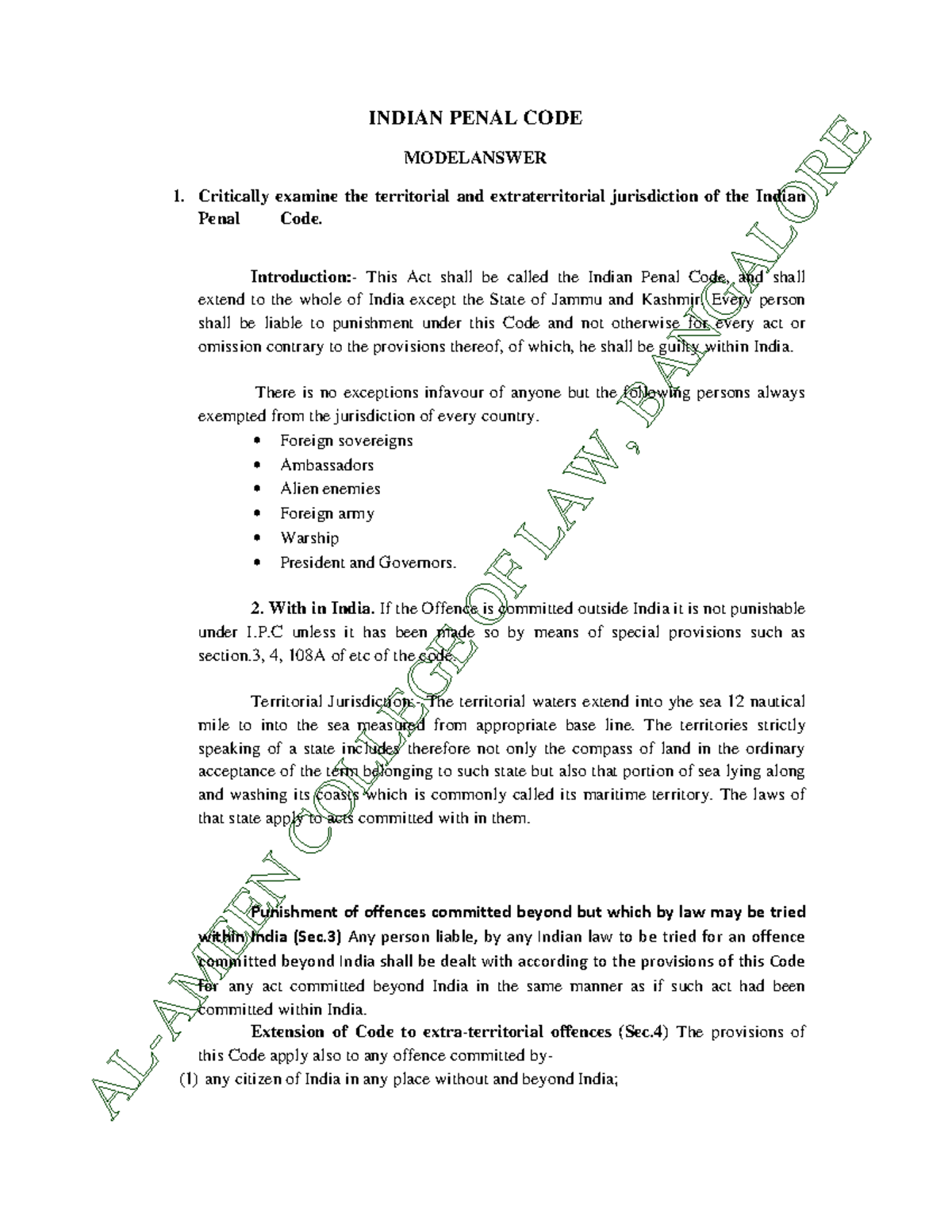 IPC notes end sem - indian penal code - INDIAN PENAL CODE MODELANSWER 1 ...