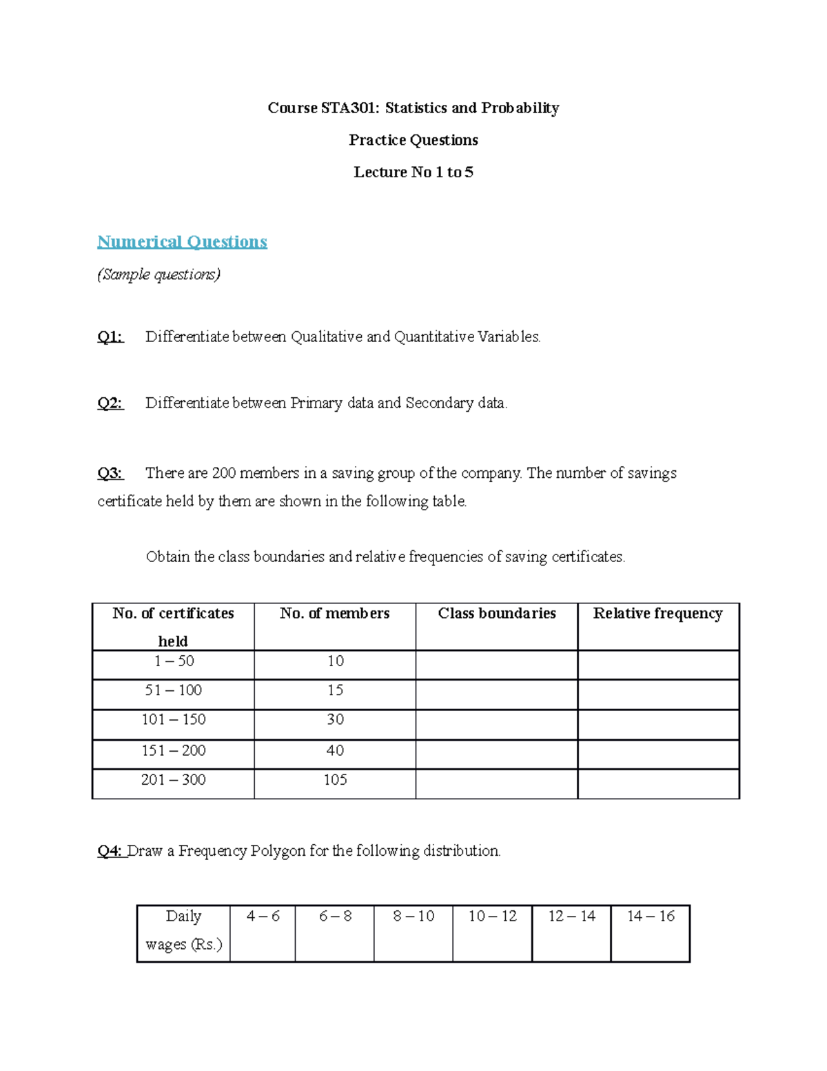 Practice Questions Lecture 1-5 - Course STA301: Statistics and ...