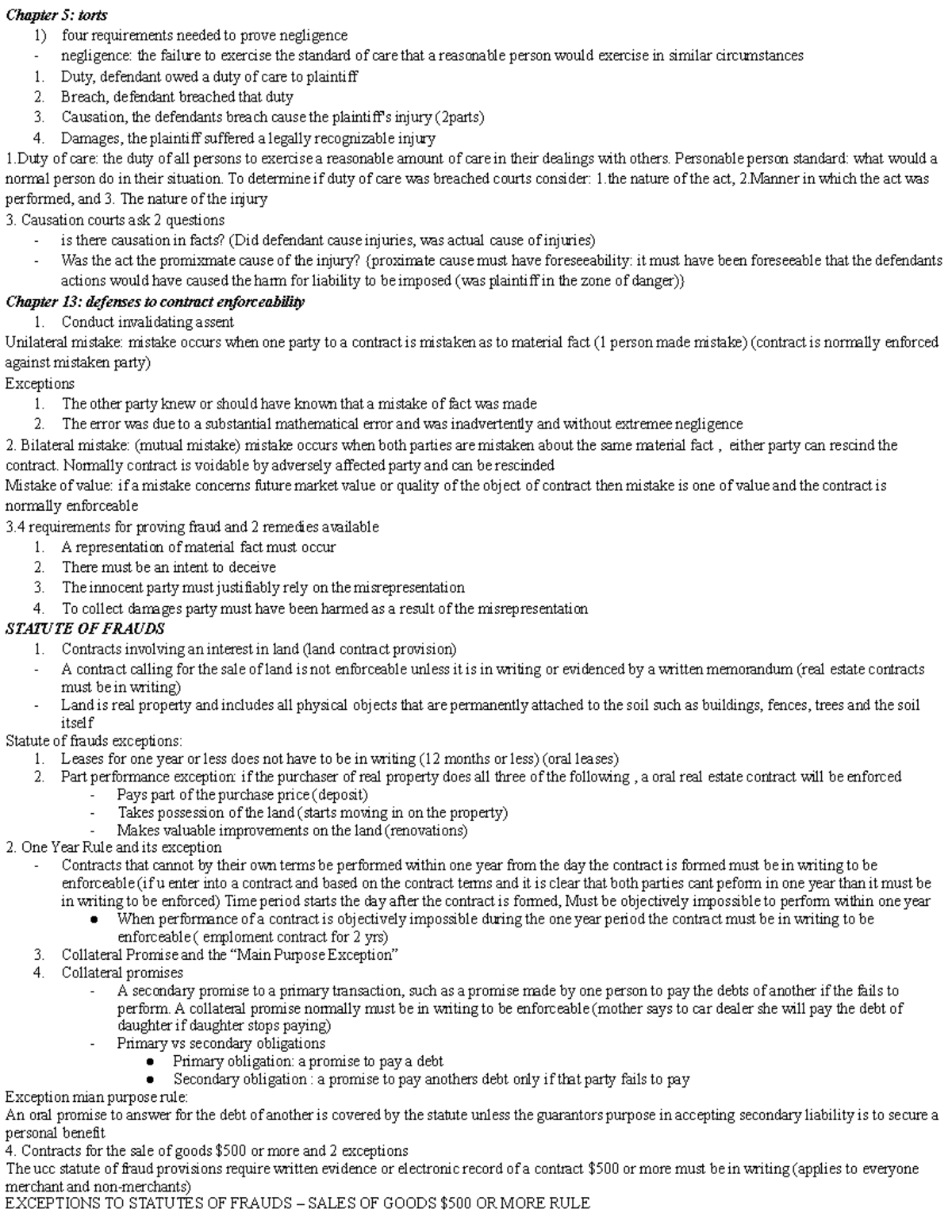 LAW midterm 2 cheat sheet - Chapter 5: torts four requirements needed to prove negligence - Studocu