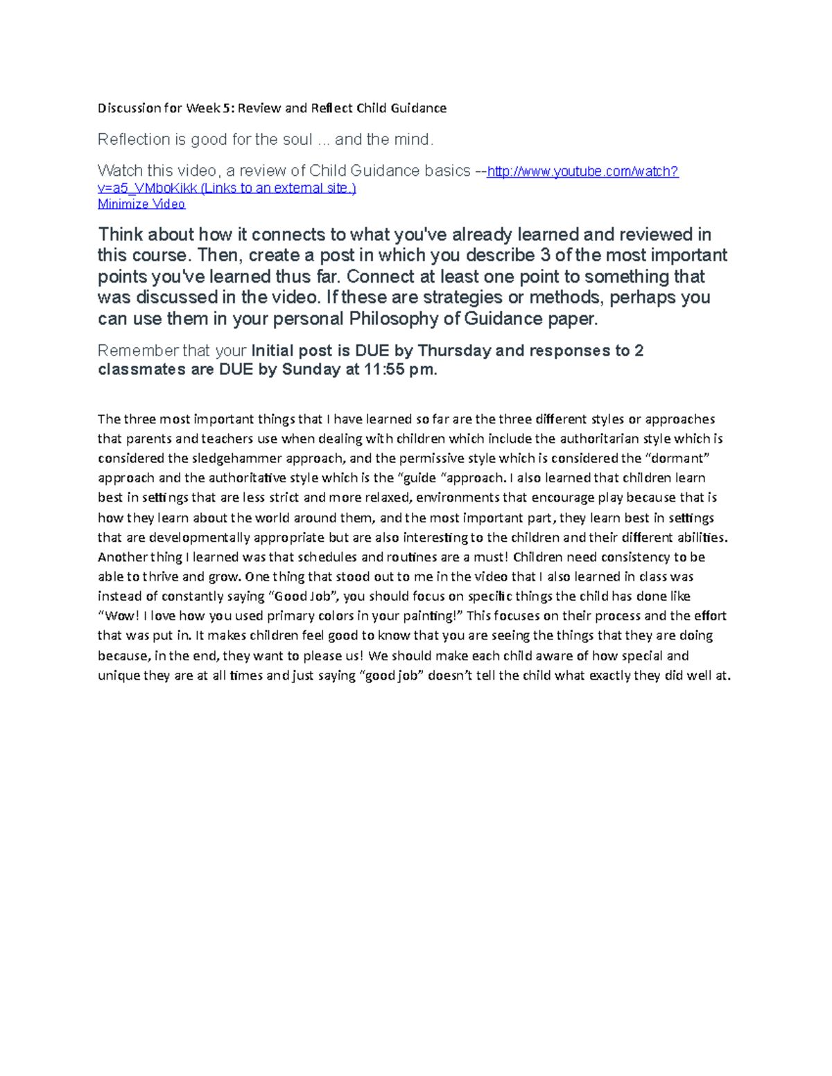 Discussion for Week 5 Review and Reflect Child Guidance - .. and the ...