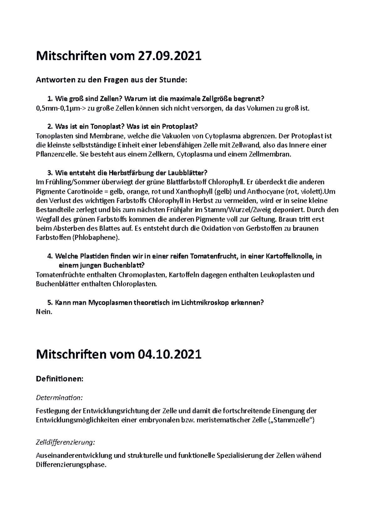 Mitschriften Bio - Es geht über Zellen, deren Aufbau, deren Merkmale ...