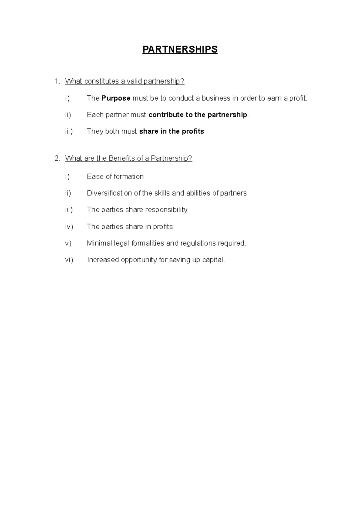 Partnership - Notes - PARTNERSHIPS What constitutes a valid partnership ...