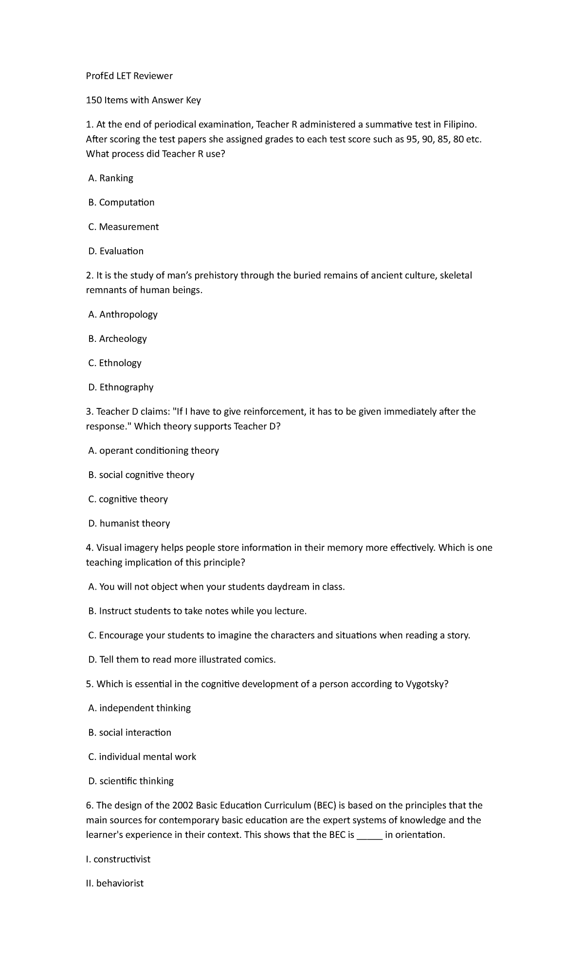 Prof Ed LET Revi - Everything - ProfEd LET Reviewer 150 Items with ...