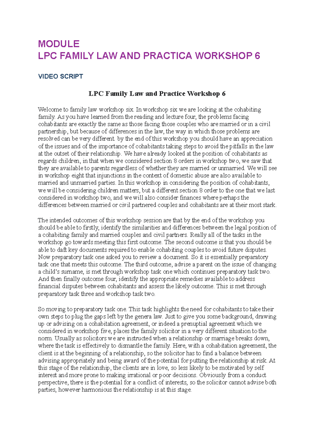Family Law Workshop 6 - MODULE LPC FAMILY LAW AND PRACTICA WORKSHOP 6 VIDEO SCRIPT LPC Family ...