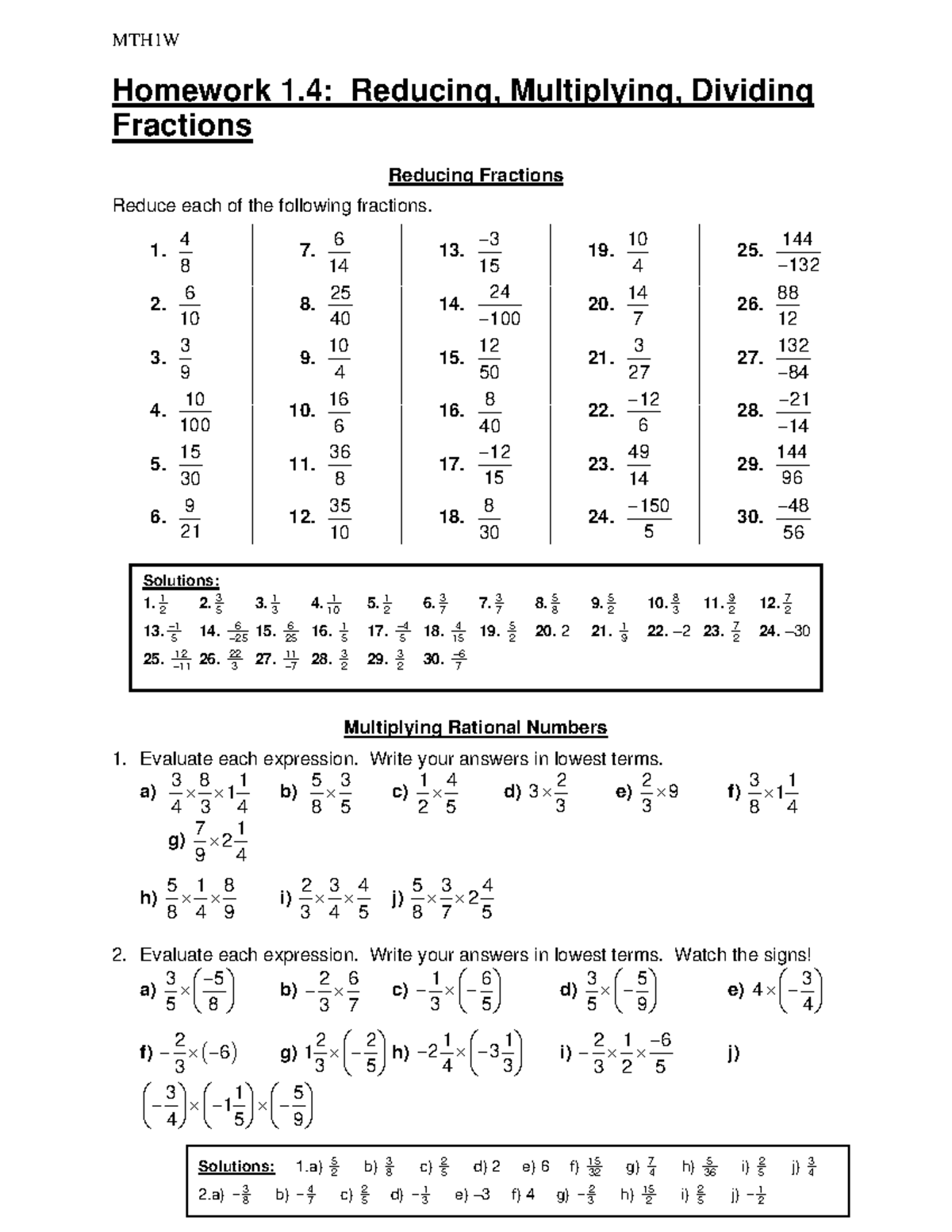 Reducing, Multiplying, and Dividing Fractions - MTH1W Homework 1 ...