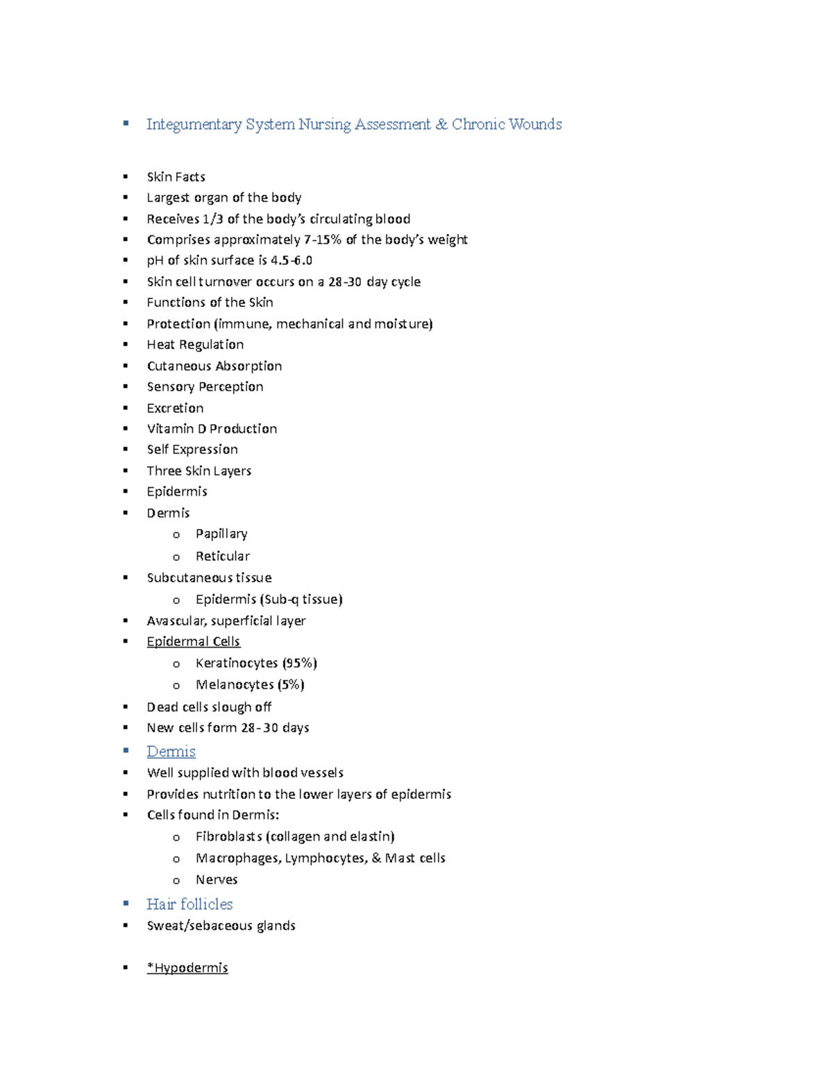 Integ System Lecture Notes - Integumentary System Nursing Assessment ...