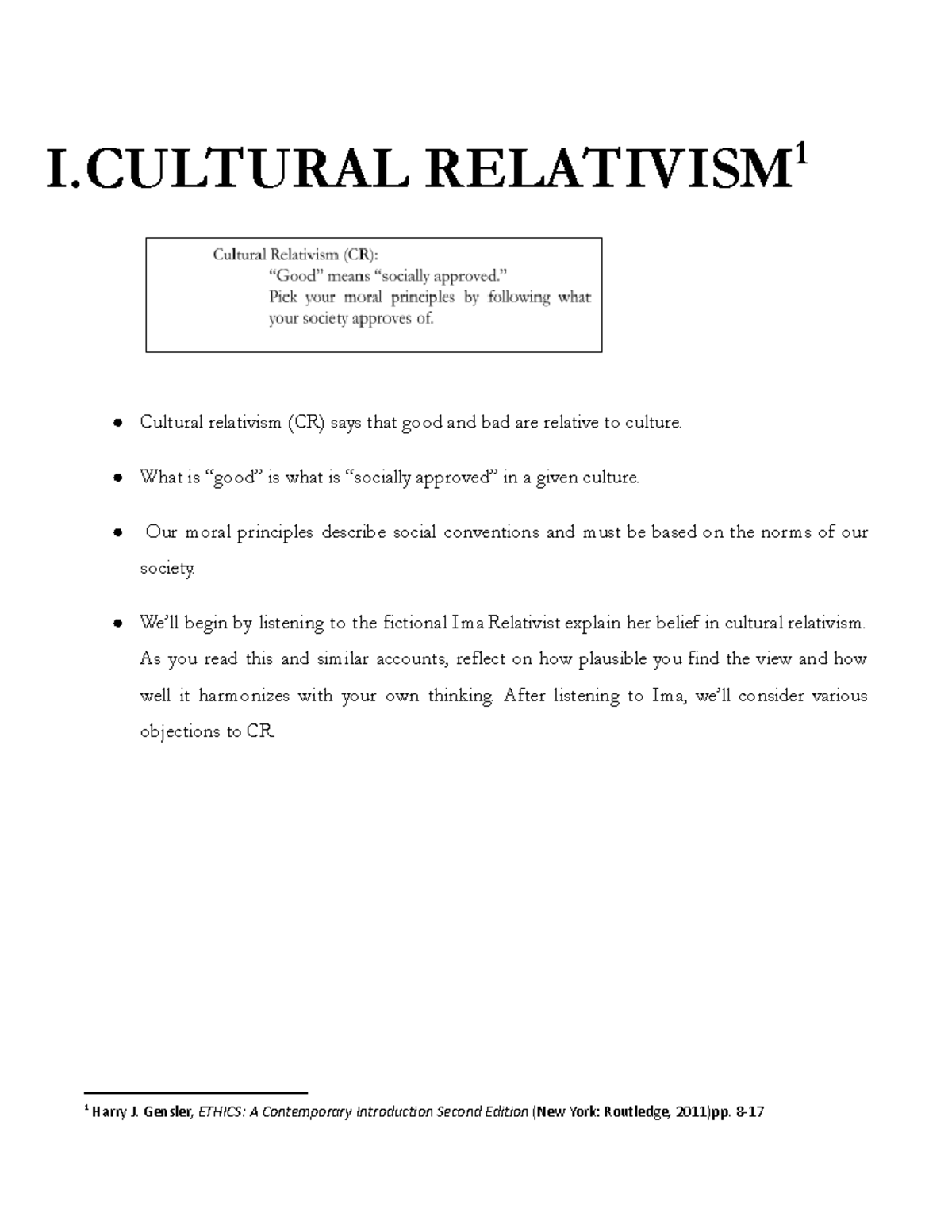 Cultural Relativism Reading - I RELATIVISM 1 Cultural relativism (CR ...