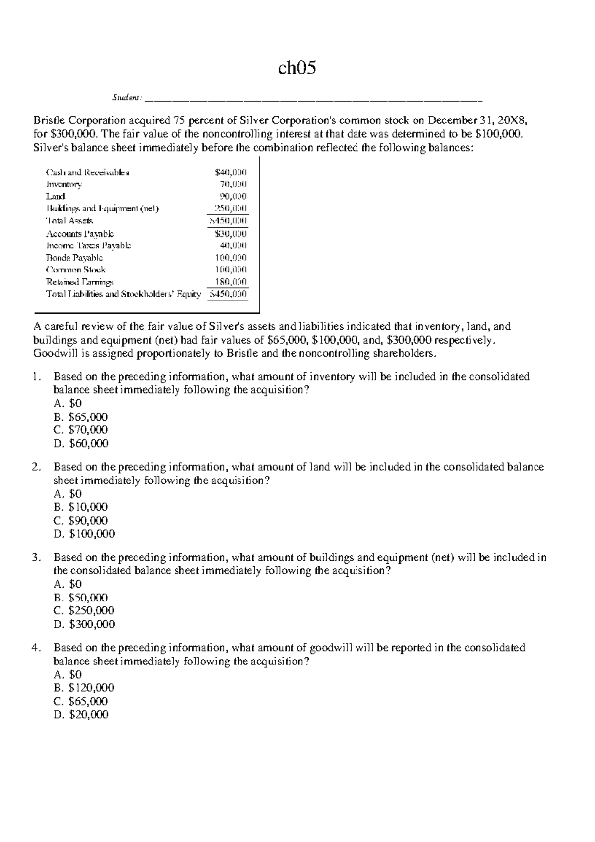 Advanced Accounting Chapter 5 Test Bank Ch Student Studocu