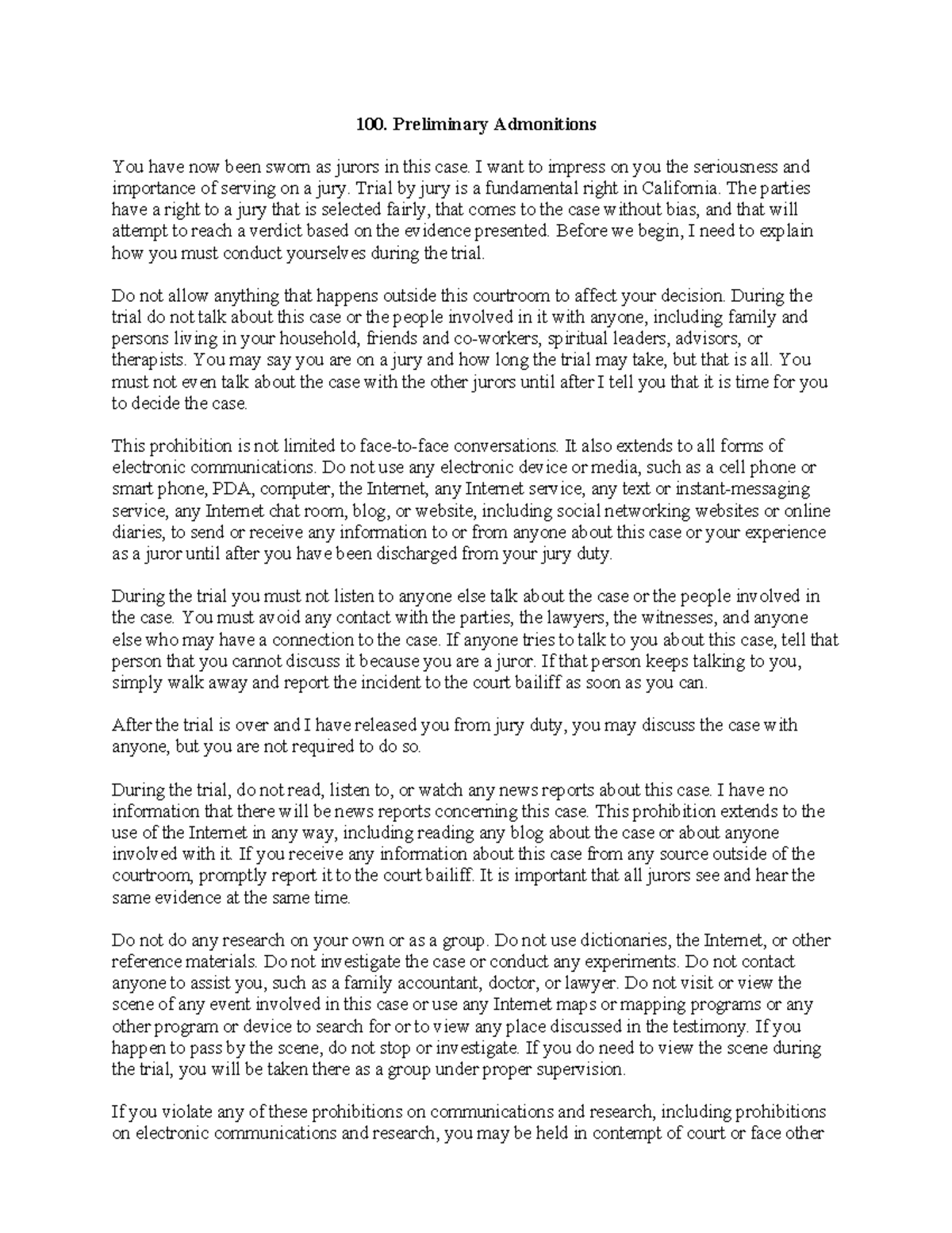 CACI civil instructions - intro - Preliminary Admonitions You have now ...