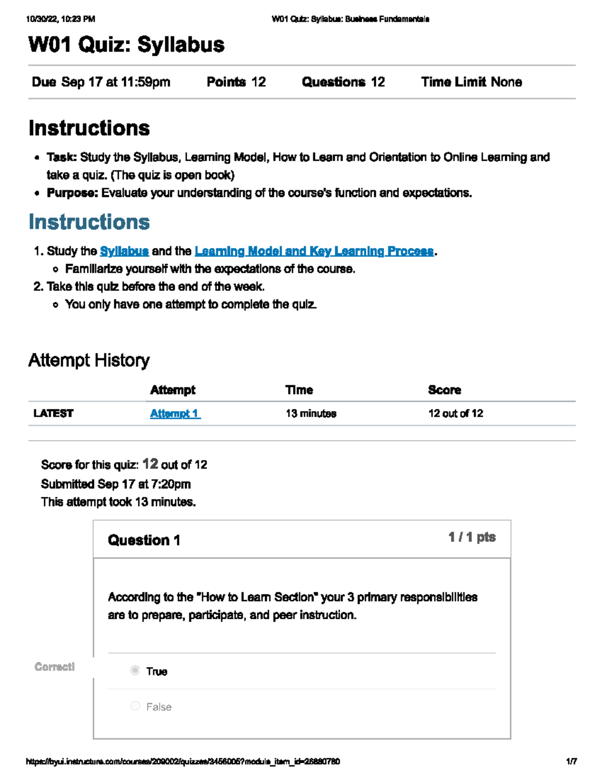 W01 Quiz - Syllabus - 10:23 PM W01 Quiz: Syllabus: Business ...