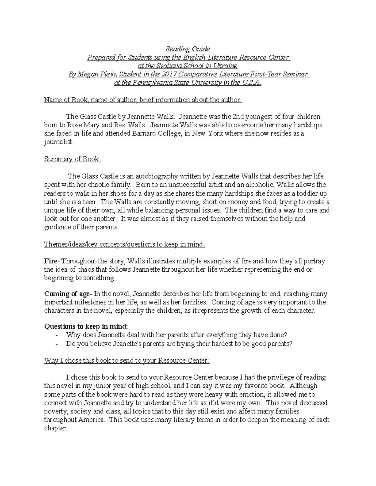 The Glass Castle Reading Guide by Megan Plein uvwp8r - Reading Guide ...