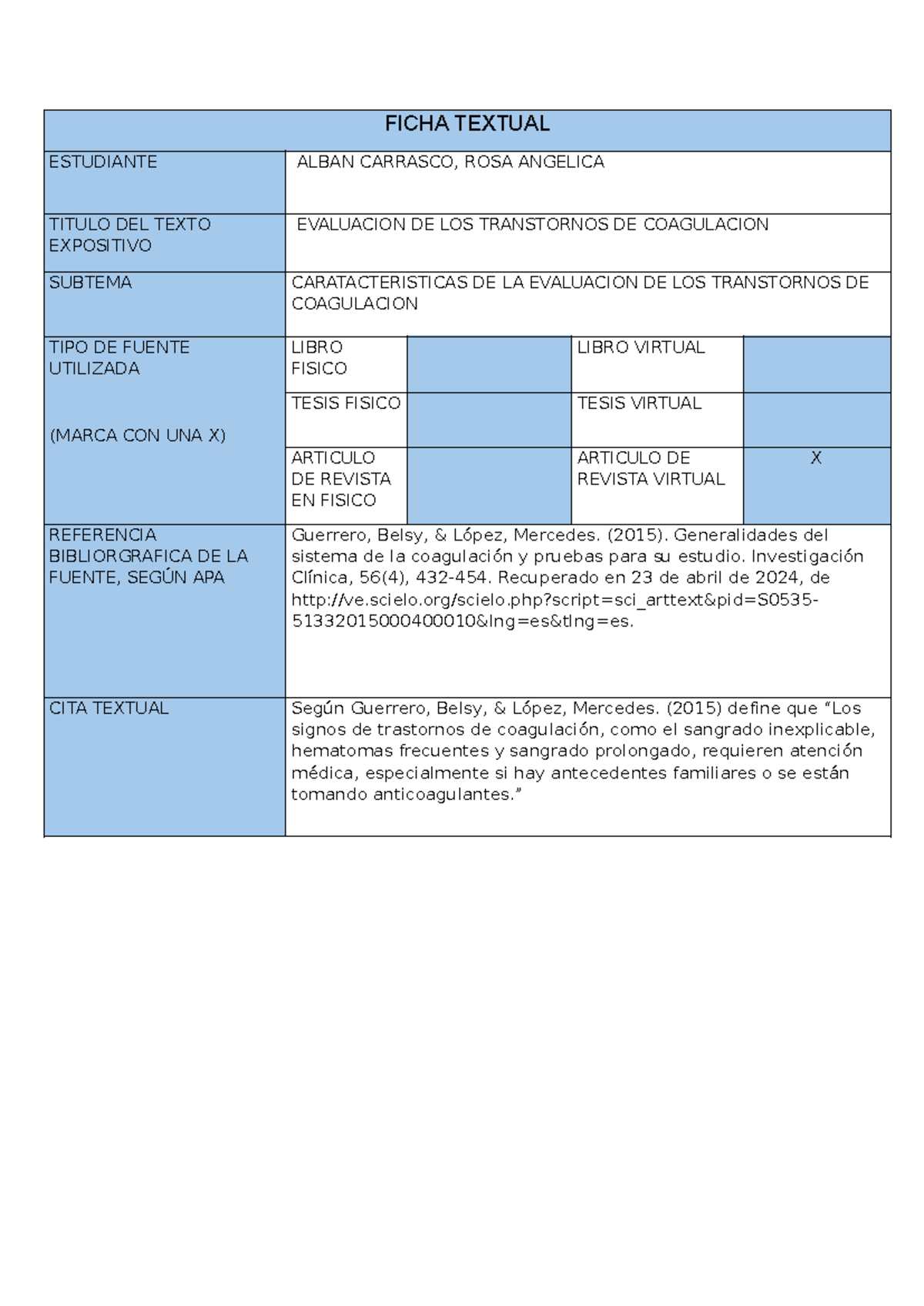 Ficha Textual - ..... - FICHA TEXTUAL ESTUDIANTE ALBAN CARRASCO, ROSA ...