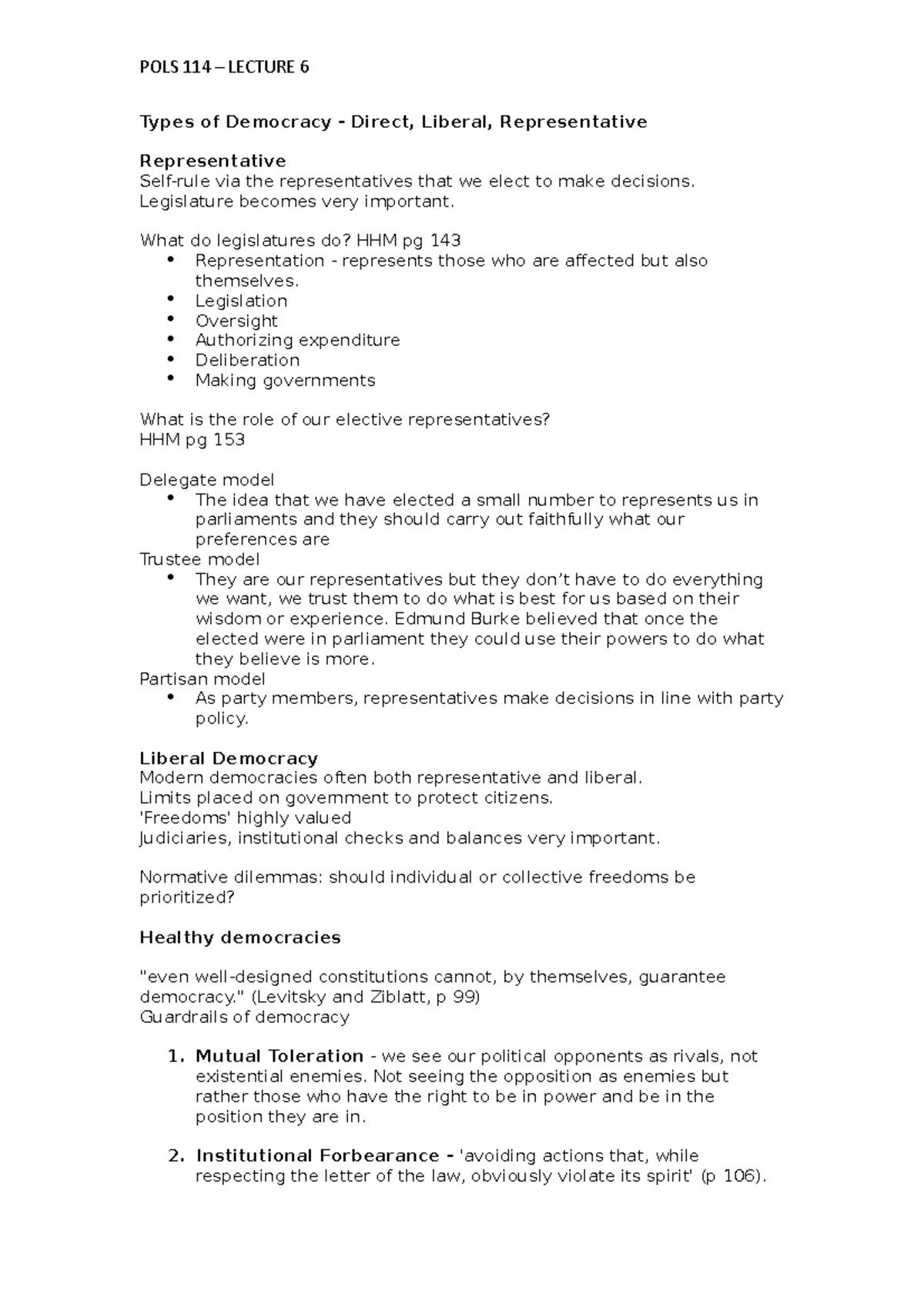 POLS 114 – Lecture 6 - POLS 114 – LECTURE 6 Types of Democracy - Direct ...