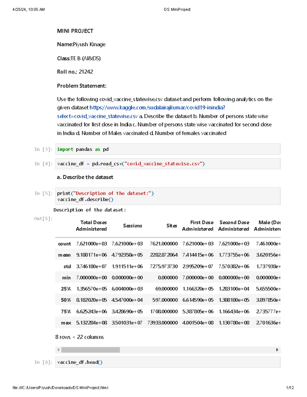 Ds Mini Project Data Scienece Mini Project Namepiyush Kinage Classte B Aiandds Roll No 