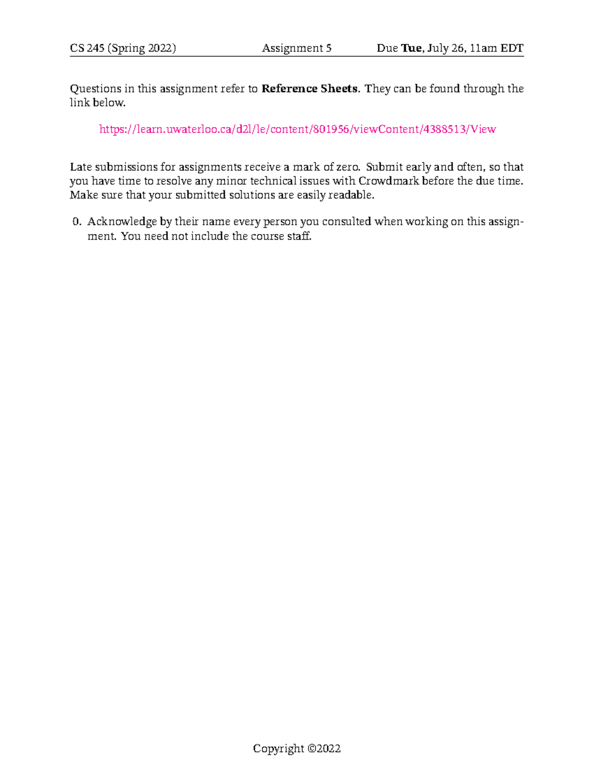 A5 - Cs245 Assignment number 5 - Questions in this assignment refer to ...