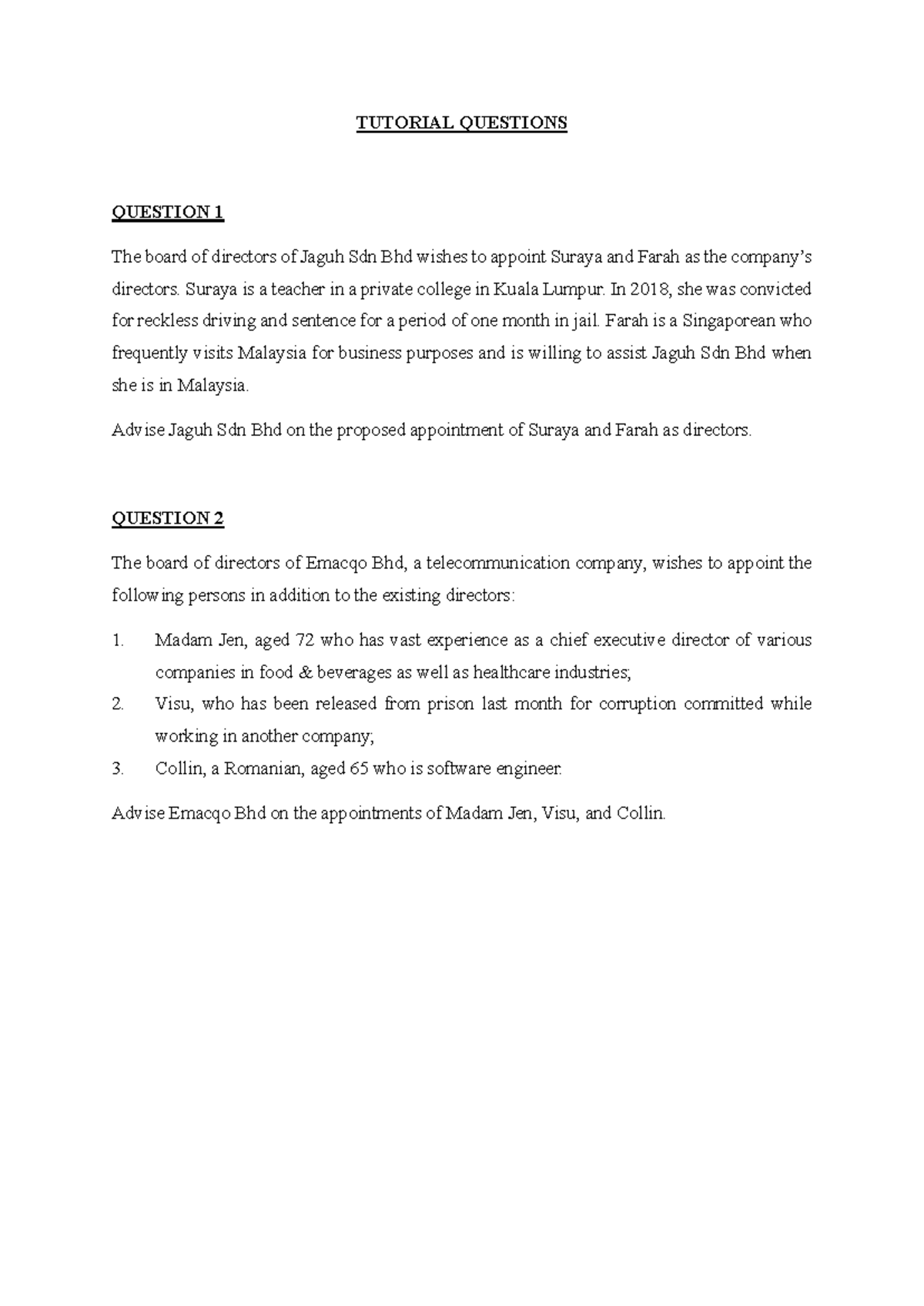 Week 7 - Directors - ... - TUTORIAL QUESTIONS QUESTION 1 The board of ...