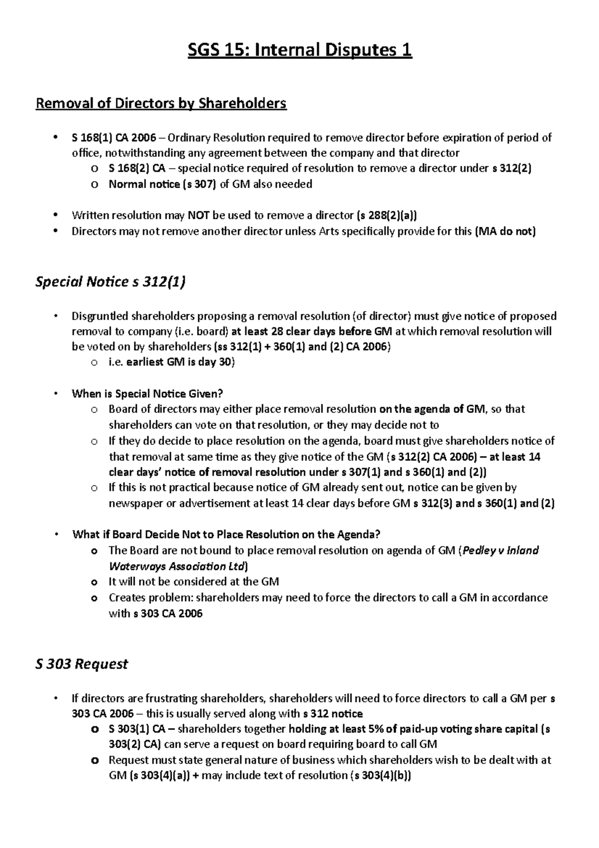SGS 15 Prepare - SGS 15: Internal Disputes 1 Removal of Directors by ...