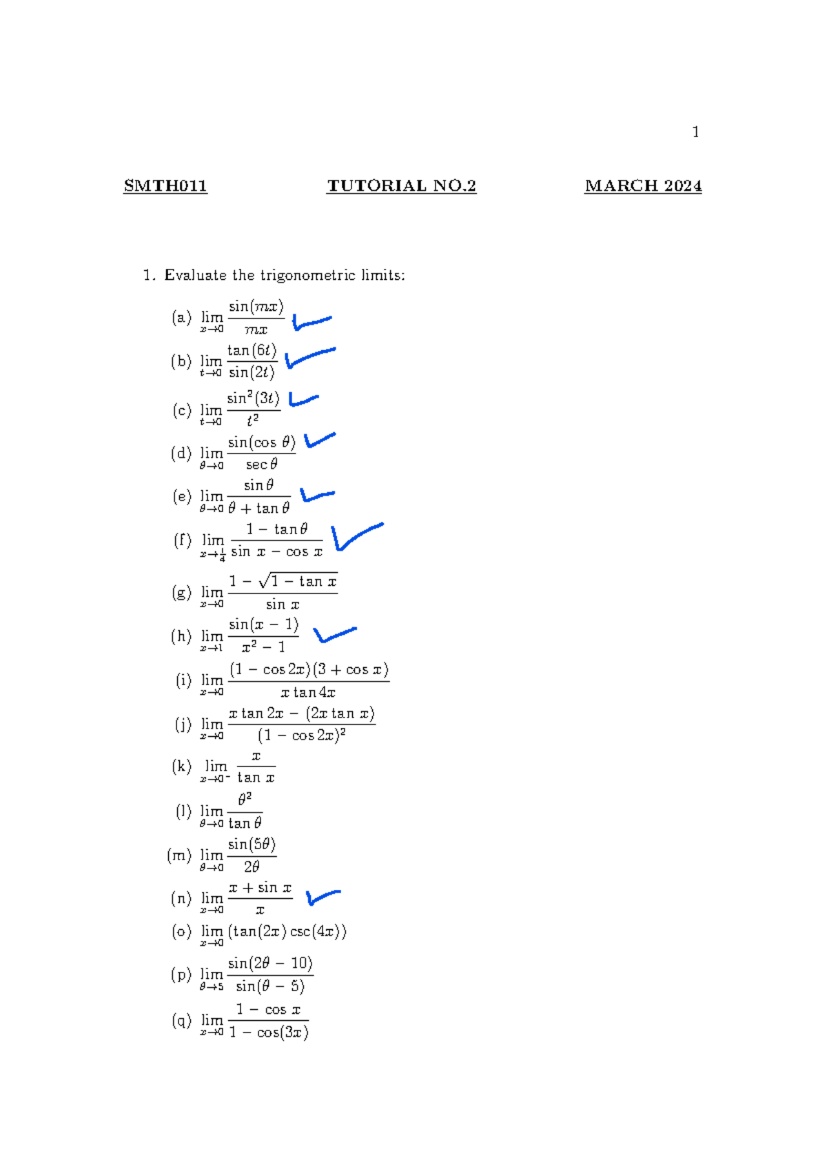 Tutorial 2 (2024) - Based on limits - SMTH011 TUTORIAL NO MARCH 2024 ...