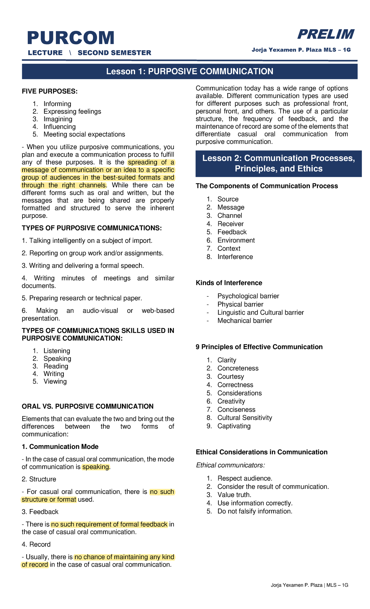 Purcom Transes (P) - Jorja Yexamen P. Plaza | MLS – 1G FIVE PURPOSES: Informing Expressing ...