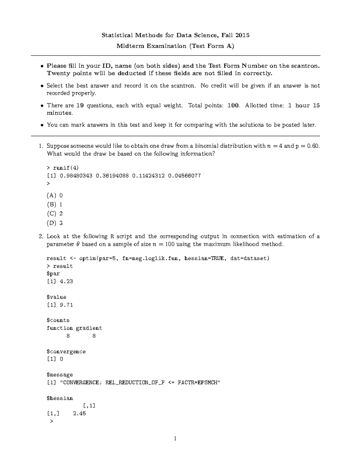Midterm A Statistical Methods For Data Science Fall 2015 Midterm Examination Test Form A