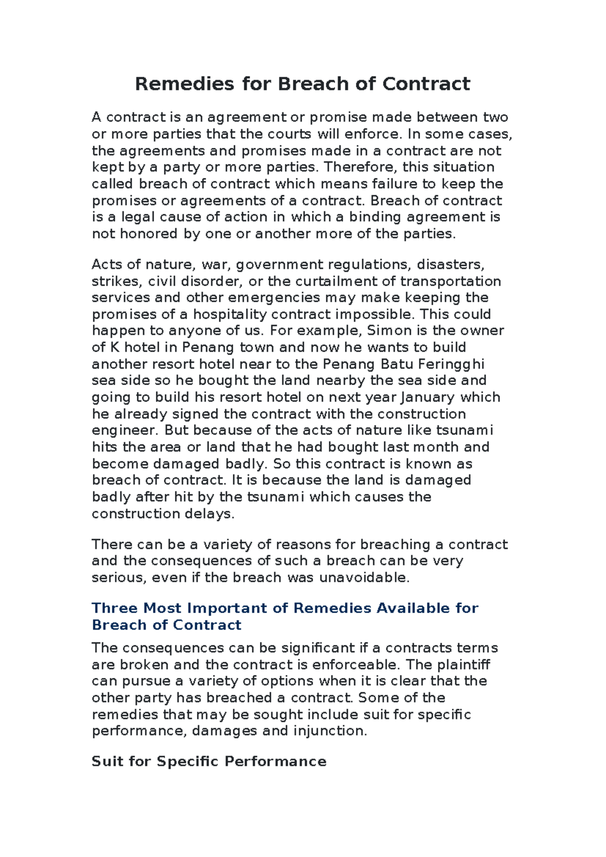 Remedies for Breach of Contract Mid term - Remedies for Breach of ...