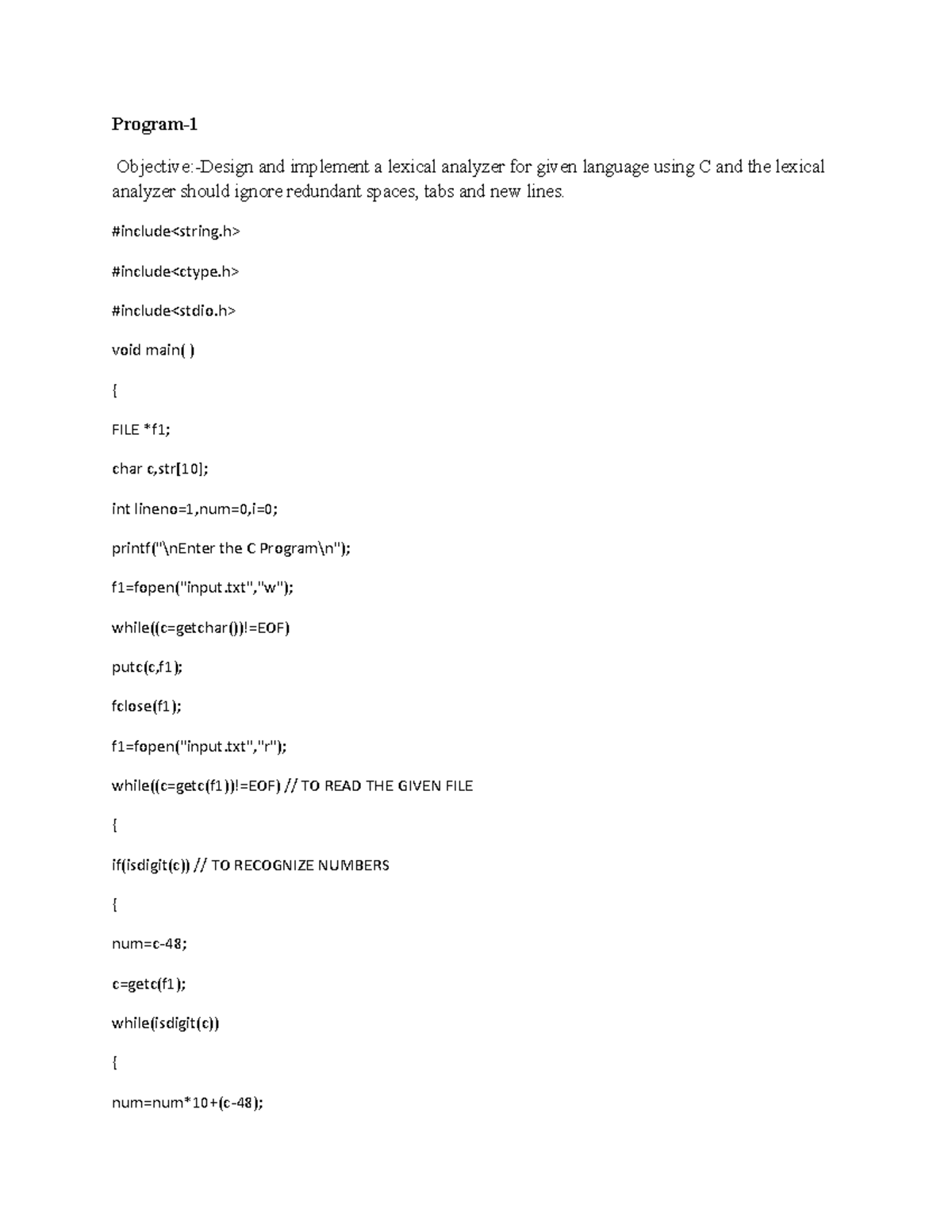 Program 1 - pragram - Program- Objective:-Design and implement a lexical analyzer for given ...