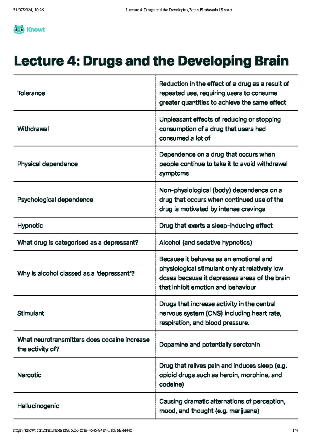Lecture 4 Drugs and the Developing Brain Flashcards Knowt - Lecture 4: Drugs and the Developing ...