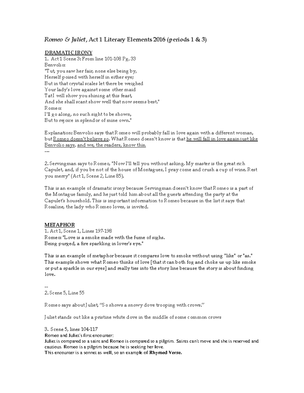 Act 1 lit elements 2016 - English - Romeo & Juliet, Act 1 Literary ...