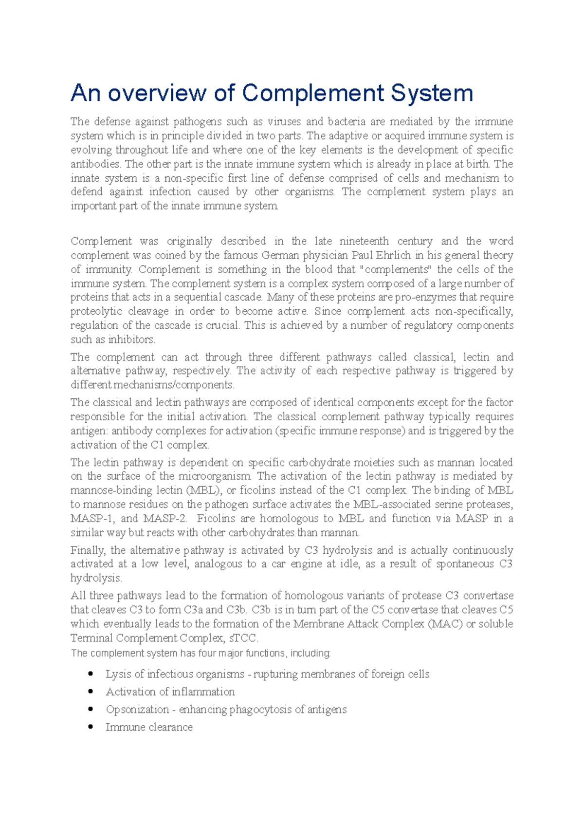Complement System - Lecture notes 6 - An overview of Complement System ...