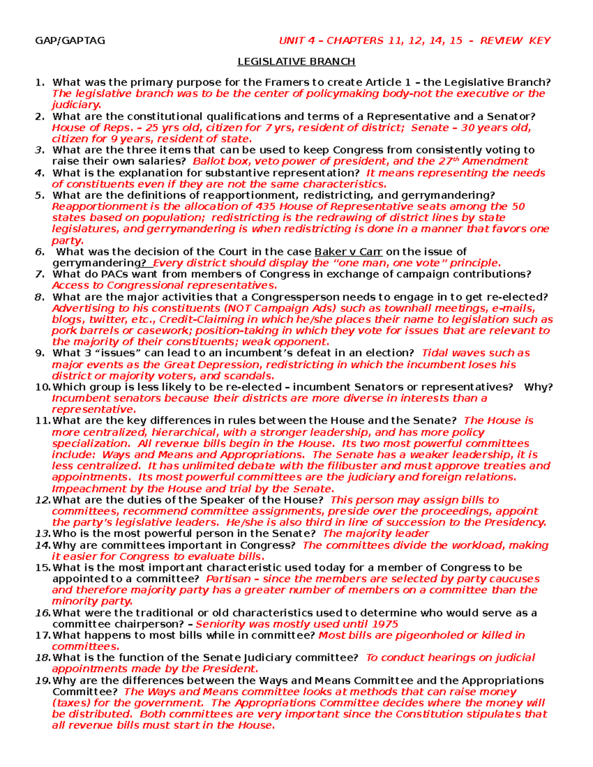 UNIT 4 - Review - FALL 2011 6 KEY - GAP/GAPTAG UNIT 4 – CHAPTERS 11, 12 ...