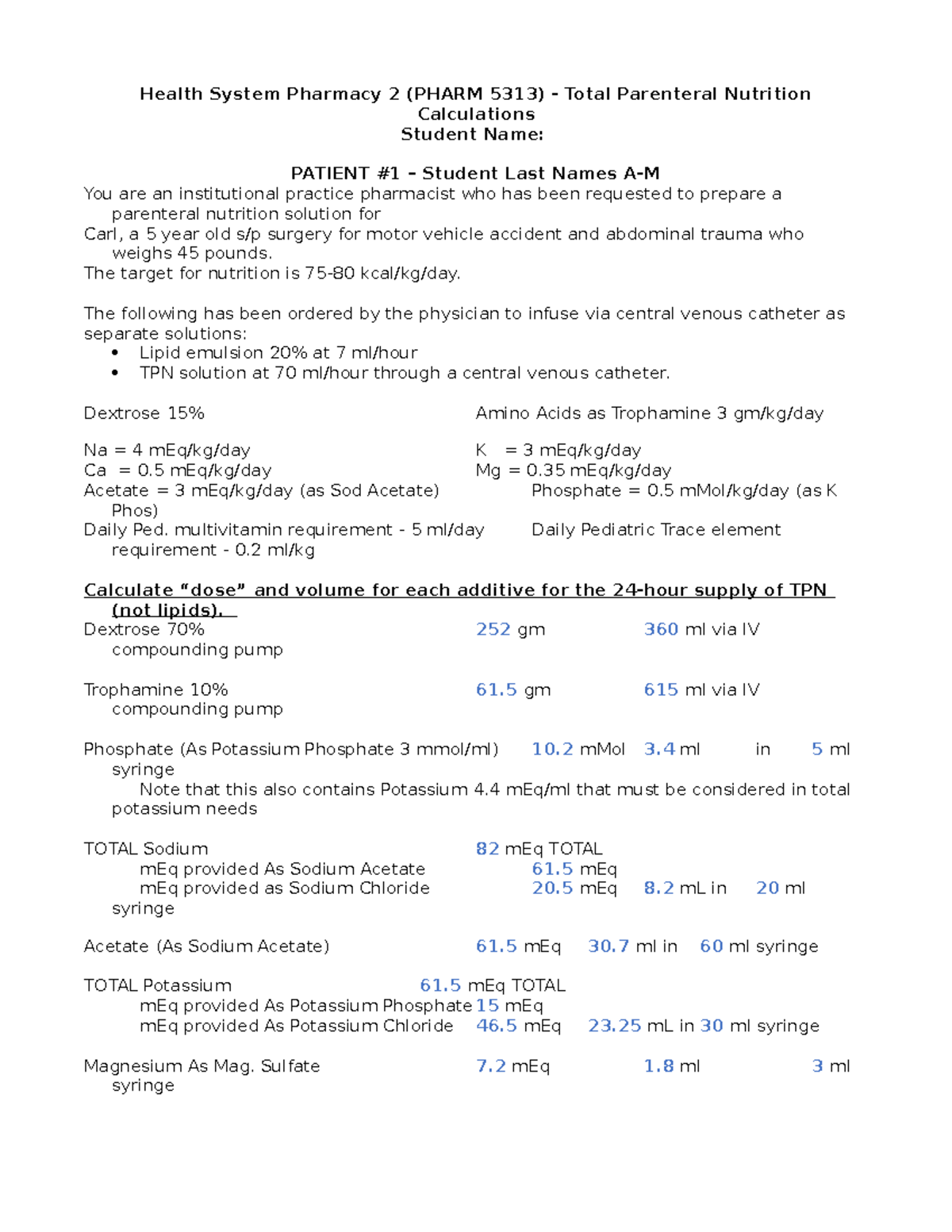 TPN Calculations - Health System Pharmacy 2 (PHARM 5313) - Total ...