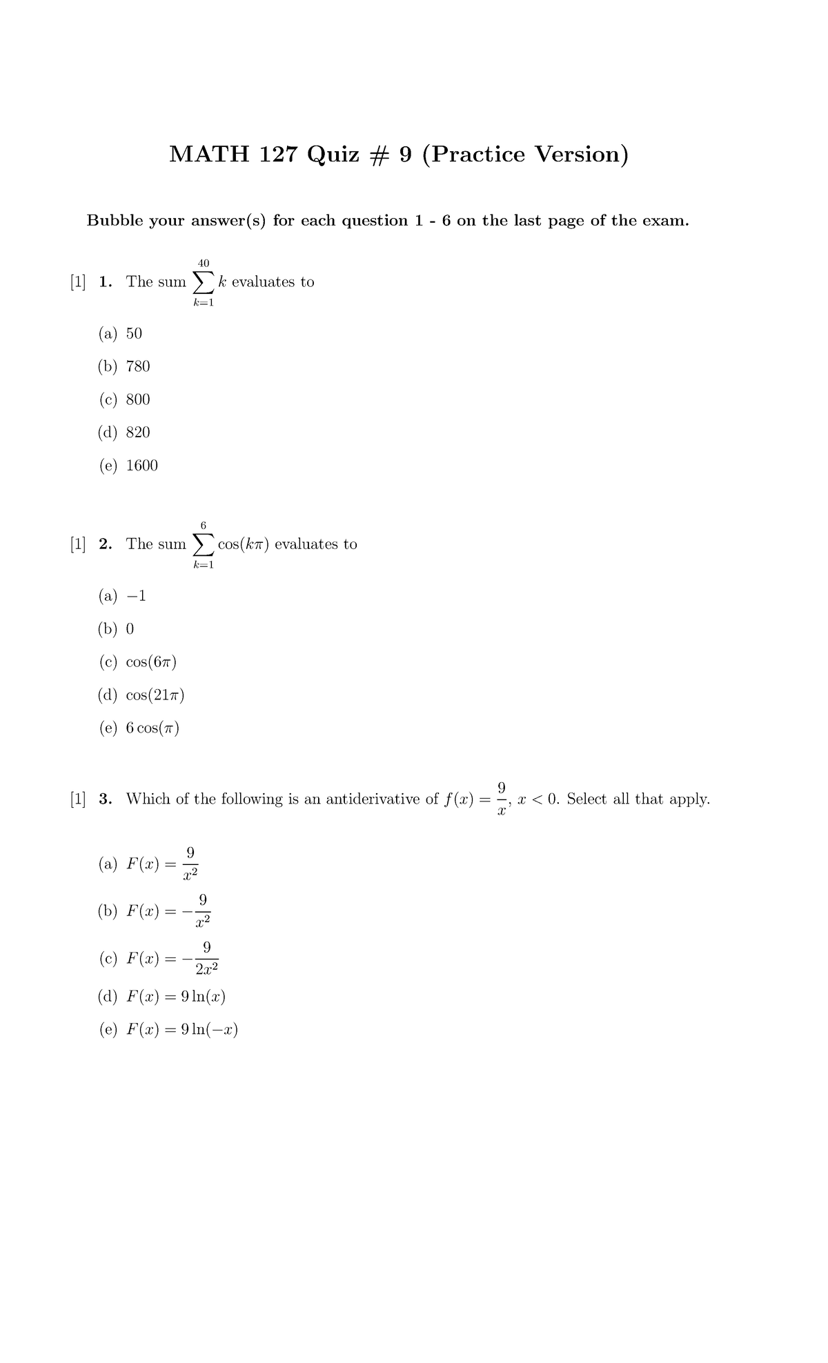 Practice Quiz 9 - MATH 127 Quiz # 9 (Practice Version) Bubble your ...