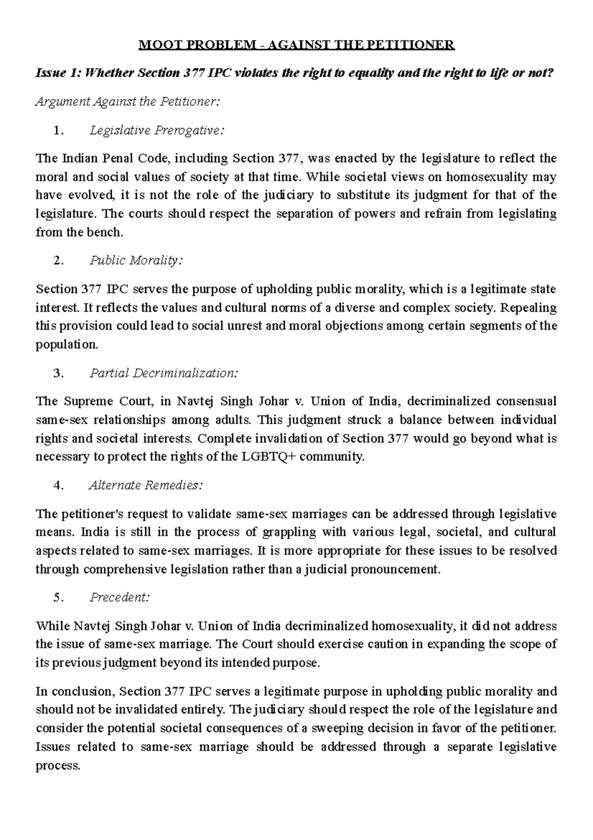 Moot against - MOOT PROBLEM - AGAINST THE PETITIONER Issue 1: Whether ...