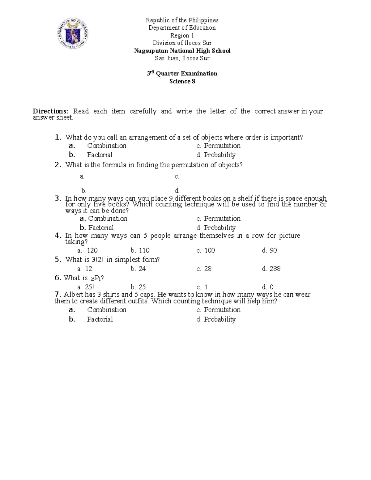 Grade 10 exam math - afcc - Republic of the Philippines Department of ...