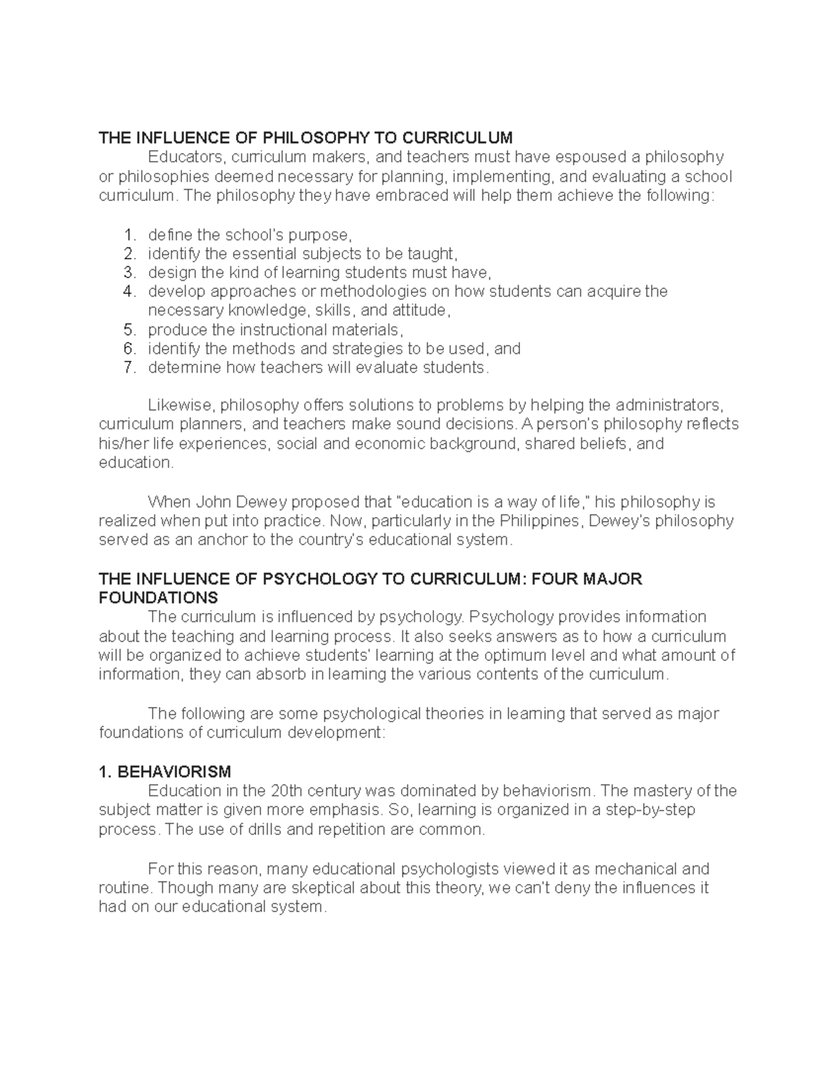 Week-4 - WEEK 4 - THE INFLUENCE OF PHILOSOPHY TO CURRICULUM Educators ...