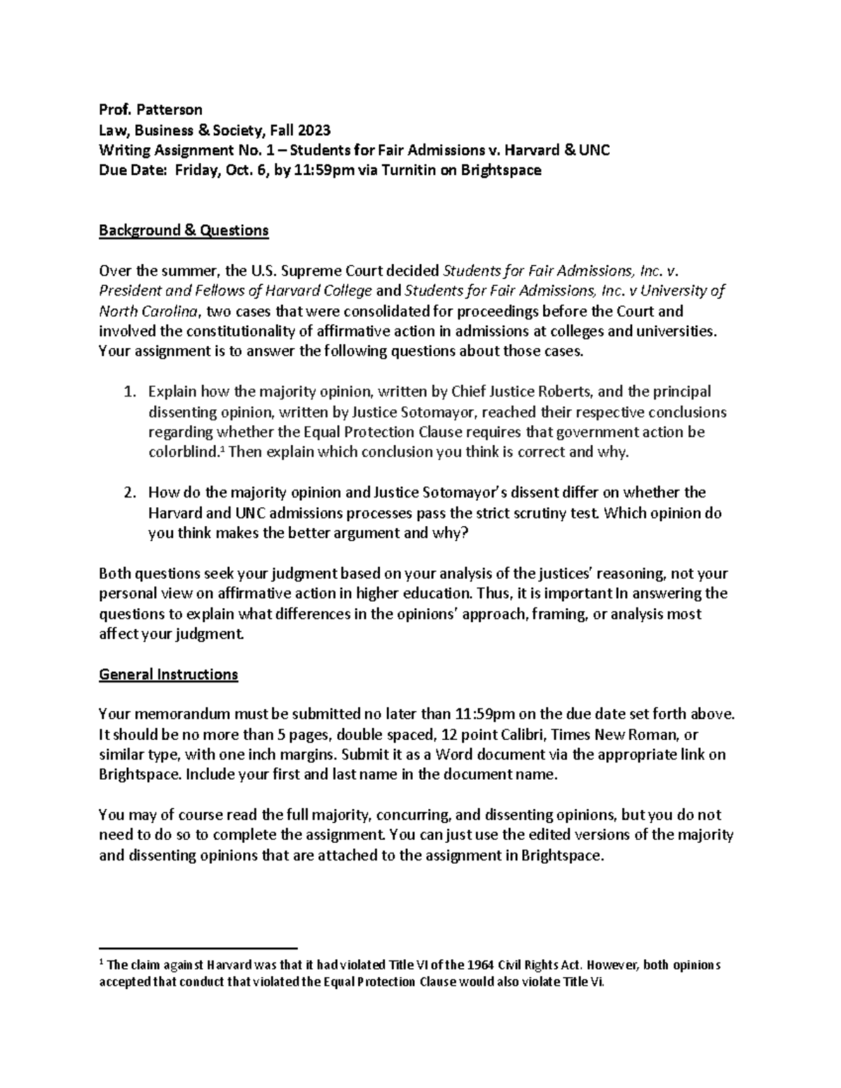 Students for Fair Admissions, Writing Assignment #1 - Prof. Patterson ...