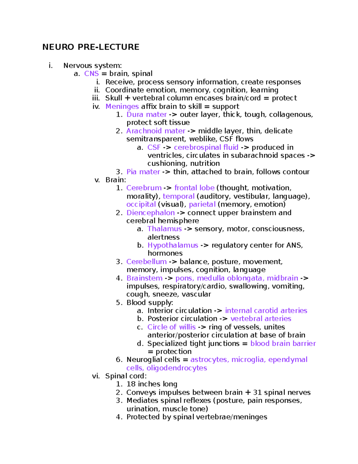 Neuro - NEURO PRE-LECTURE i. Nervous system: a. CNS = brain, spinal i ...