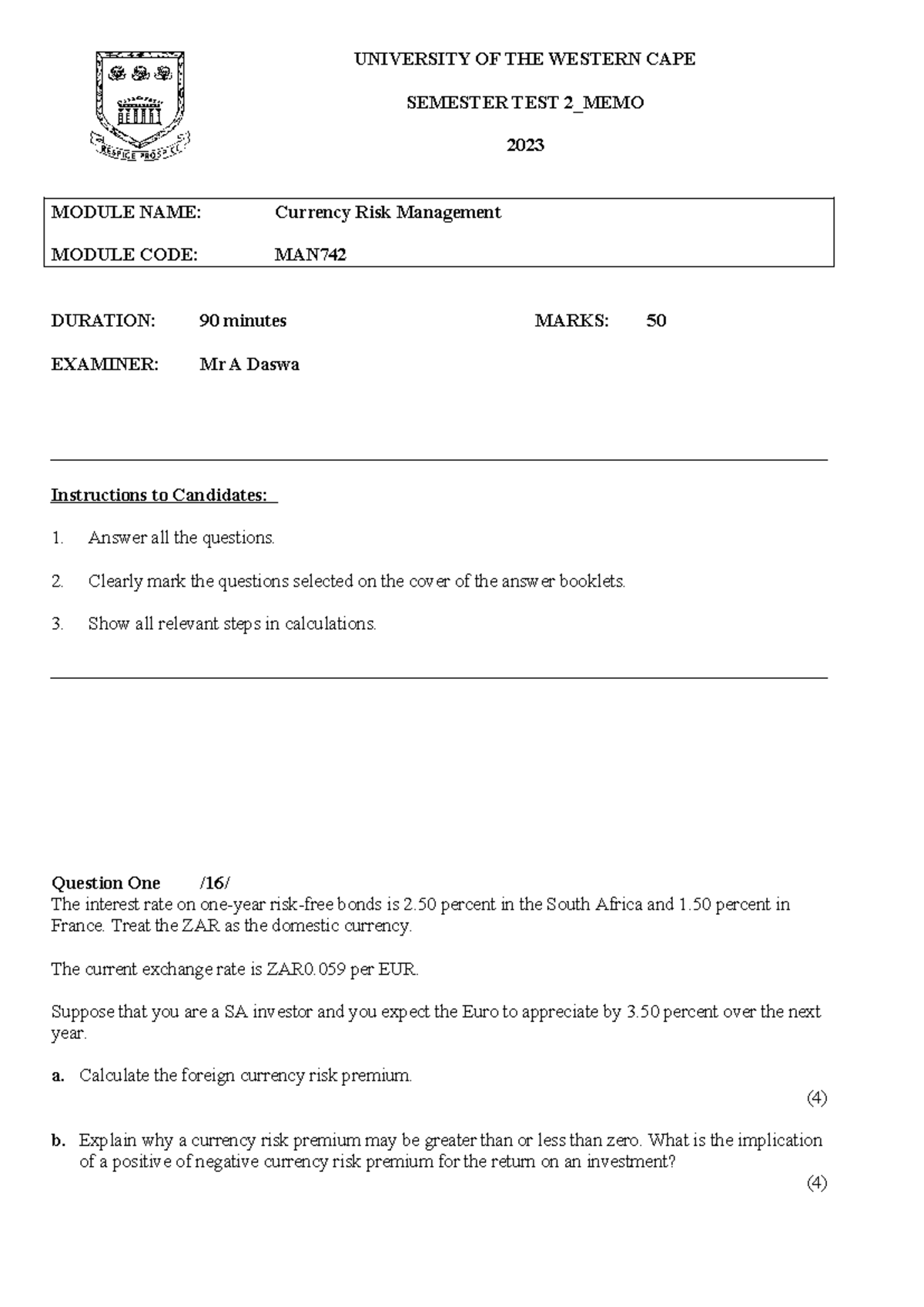 Semester Test 2 2023 Memo - UNIVERSITY OF THE WESTERN CAPE SEMESTER ...