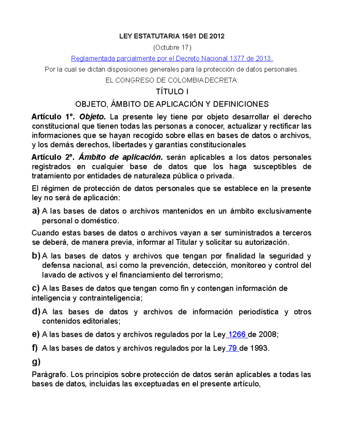 LEY 1581 2012 - en este documento se detalla y se concreta lo que ...