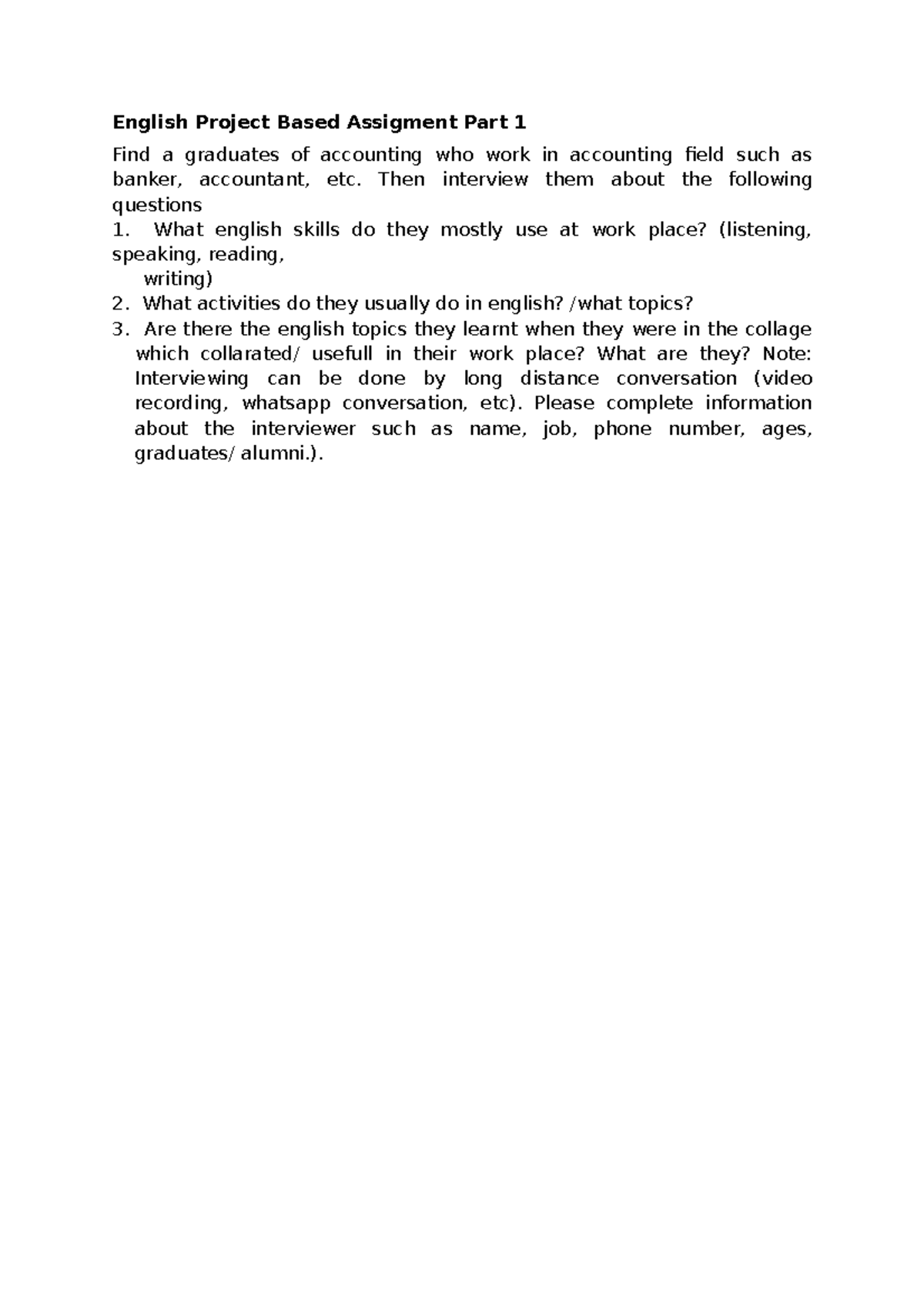 English Project Based Assigment Part 1 - Interview - English Project ...