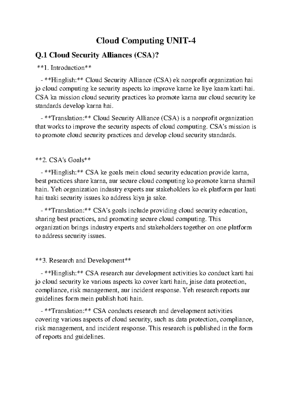Simple Cloud Computing UNIT-4 - Cloud Computing UNIT- Q Cloud Security Alliances (CSA)? 1. - Studocu