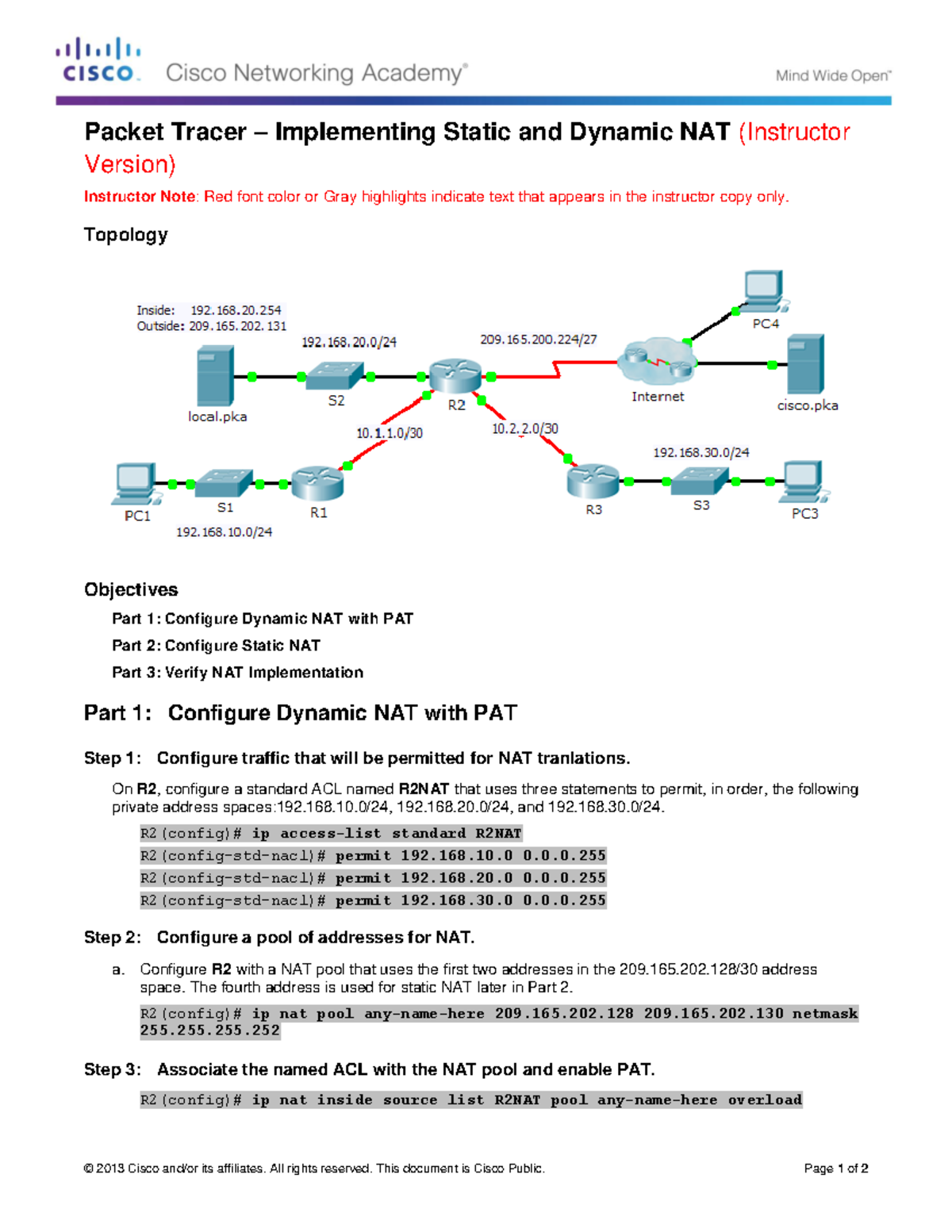5236 Packet Tracer Implementing Static And Dynamic Nat Instructions Ig © 2013 Cisco And