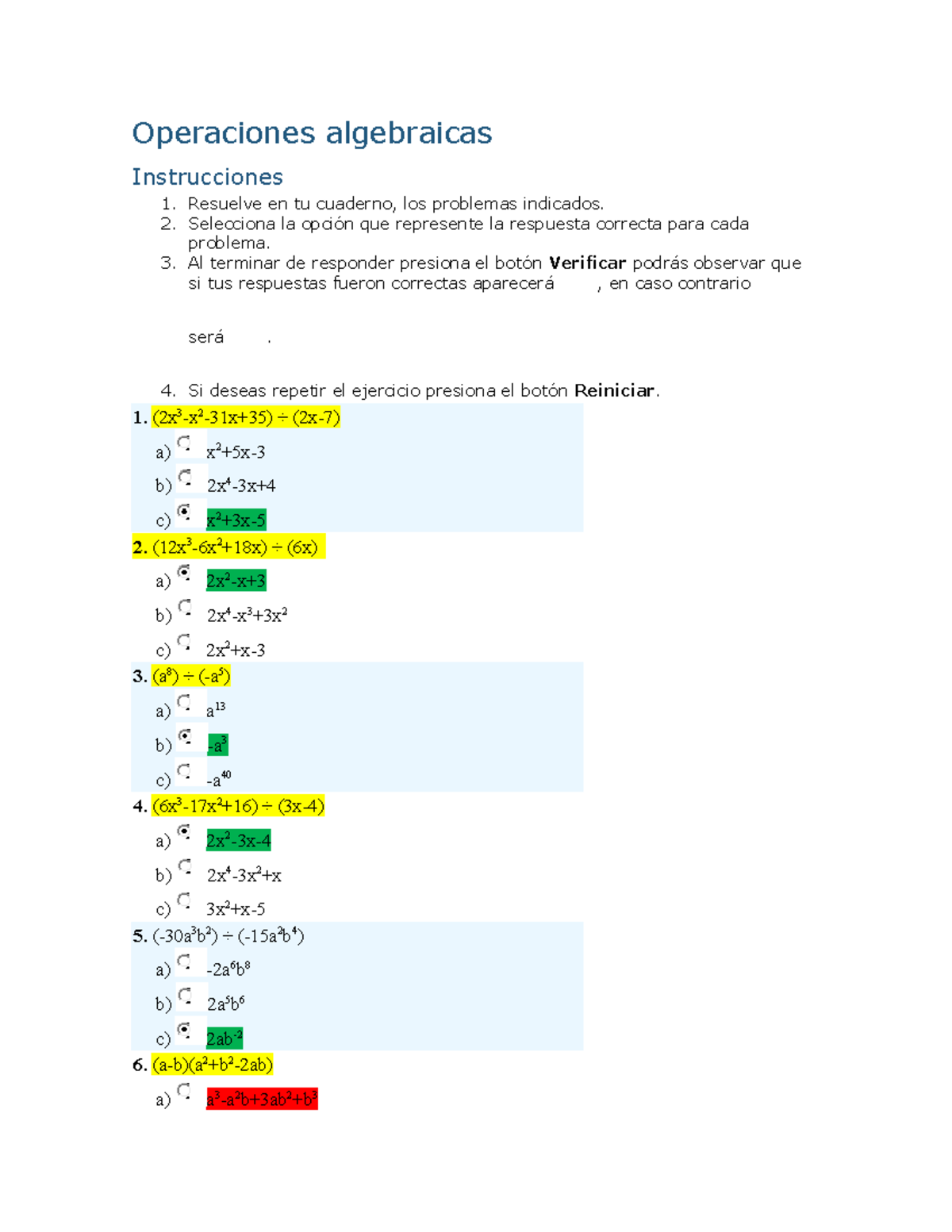 Operaciones algebraicas - Operaciones algebraicas Instrucciones ...