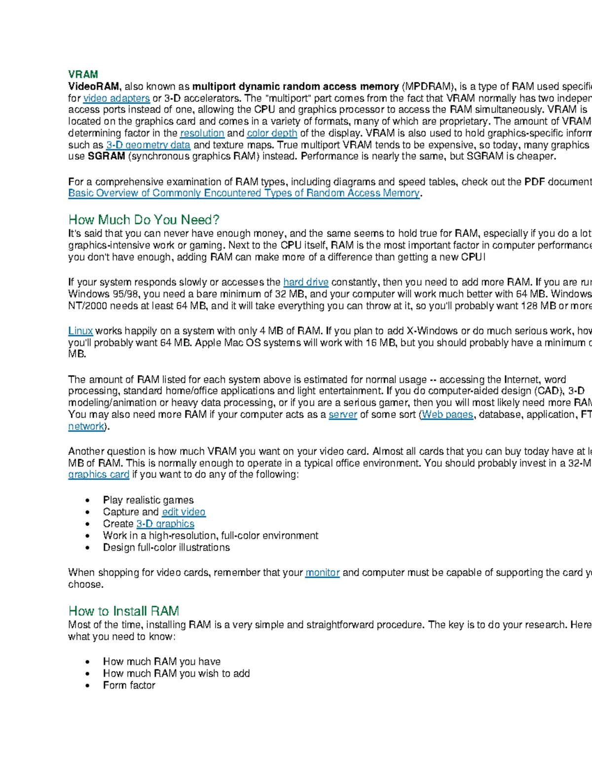 How RAM Works-6 - continuation - VRAM VideoRAM, also known as multiport ...
