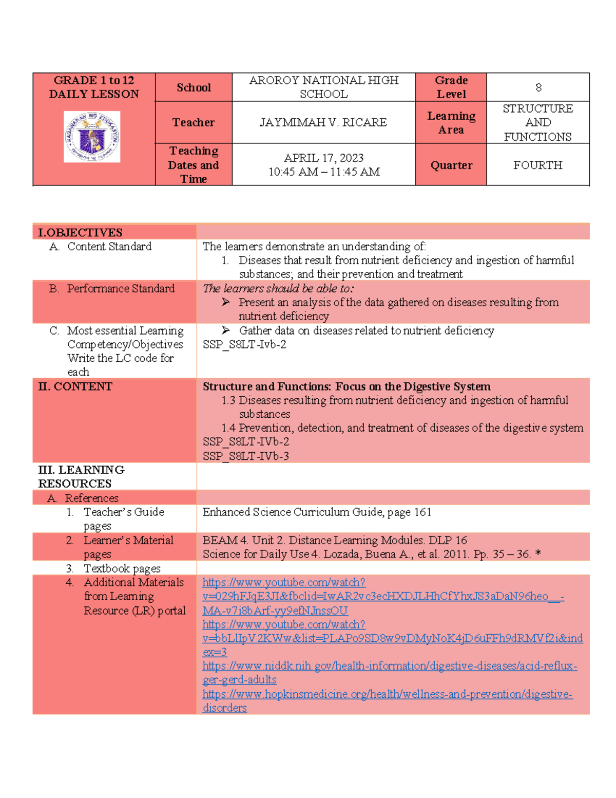 Lesson Plan-Q3M8 (Diseases) - GRADE 1 to 12 DAILY LESSON School AROROY ...