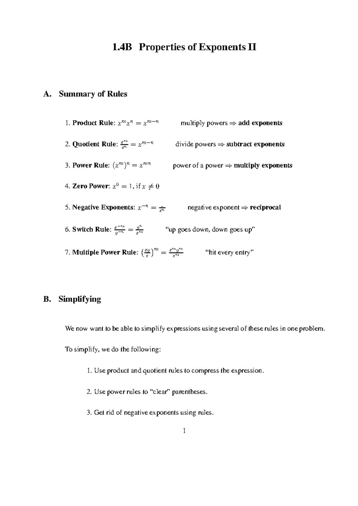 1.4B Properties of Exponents II - Summary of Rules 1. Product Rule ...